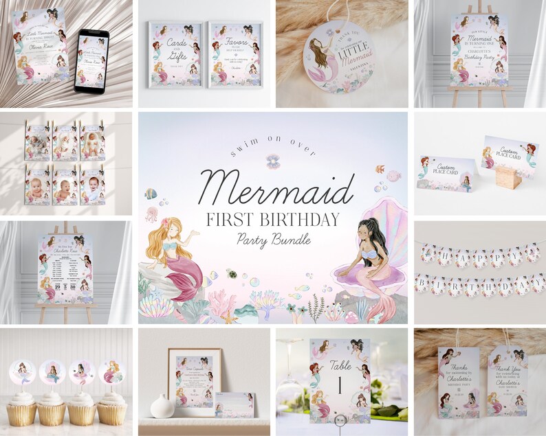 Mermaid First Birthday Party Bundle Printable Template, Enchanted Under ...