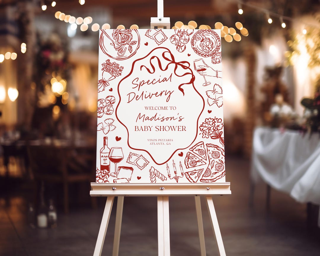 Red Pasta Baby Shower Welcome Sign Printable Template, Special Delivery ...