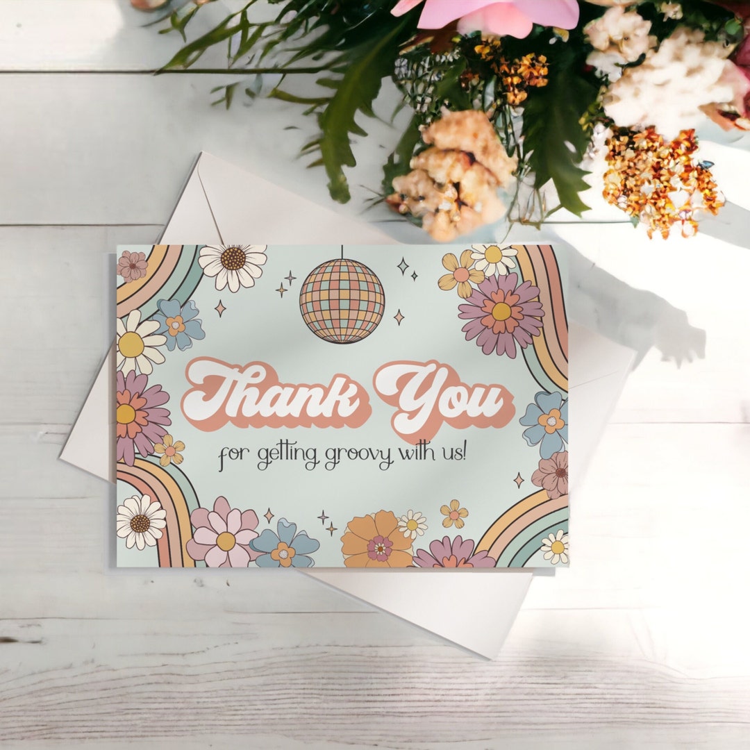 Groovy Thank You Card Template, Folded Thank You Note Girl, Retro 70s ...