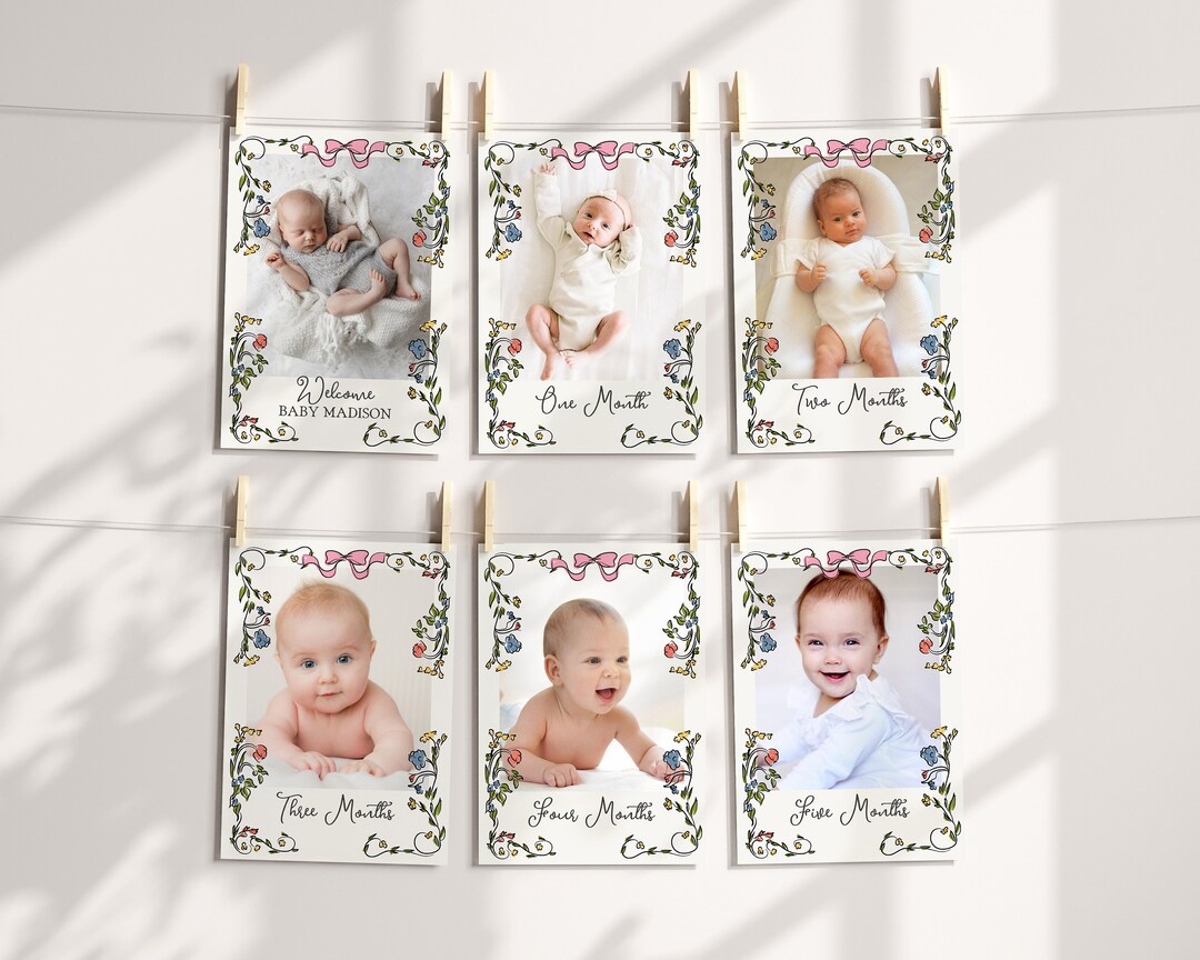 Whimsical Floral First Birthday Milestone Banner, Hand Drawn Birthday ...