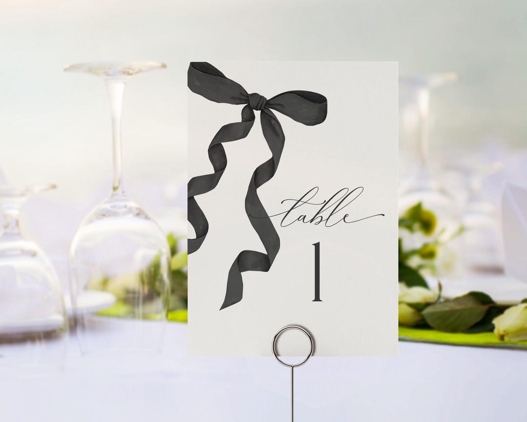 Black Bow Table Number Cards Printable Template, Preppy Coquette Bow ...