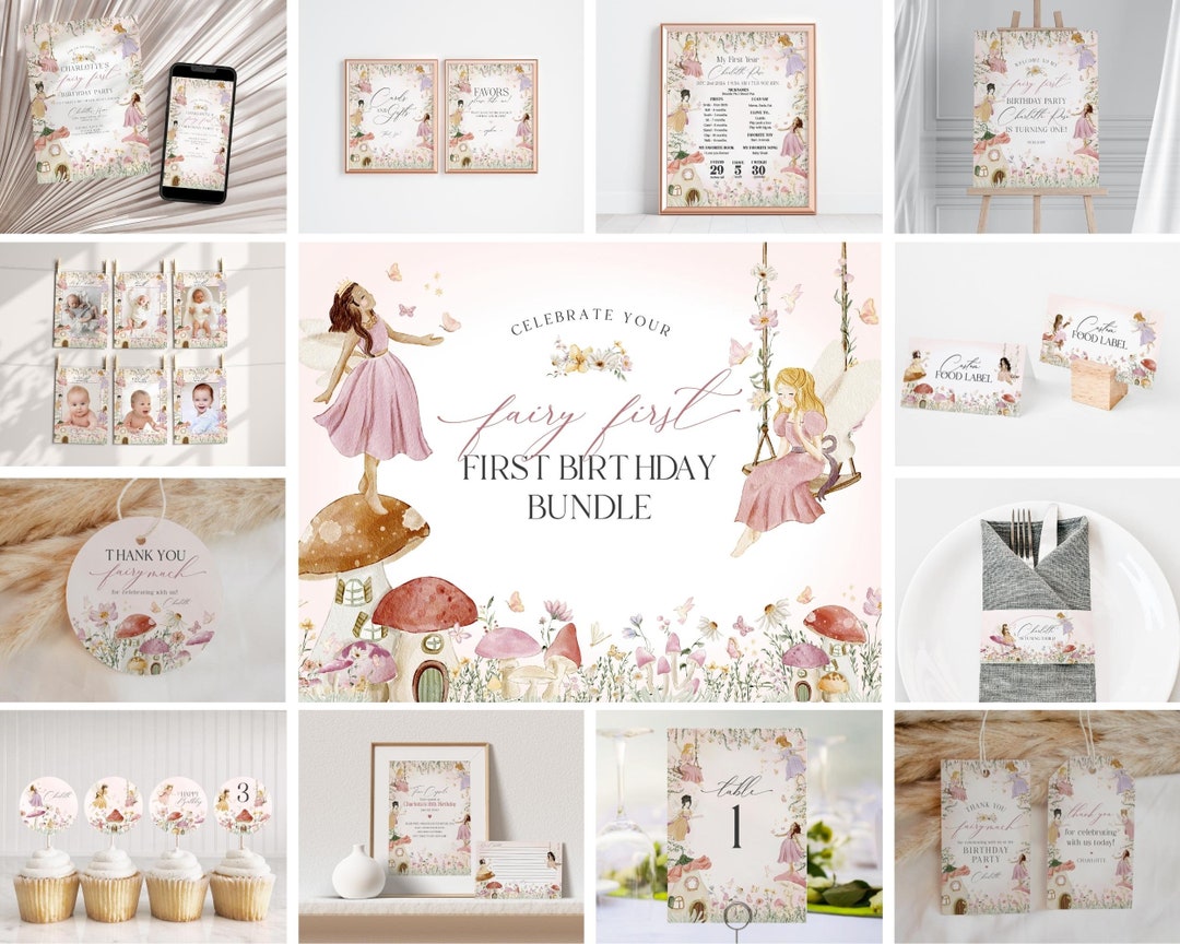 Fairy First Birthday Party Bundle Printable Template, Enchanted Garden ...