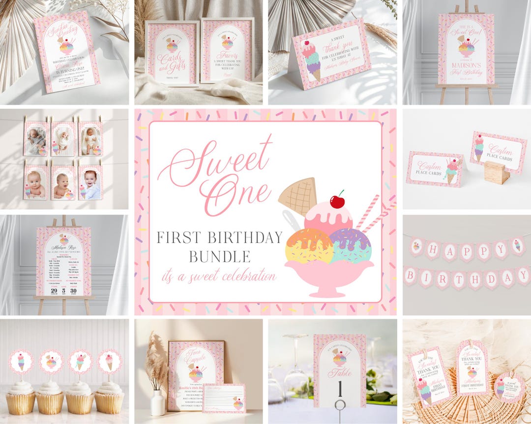 Ice Cream Sundae First Birthday Bundle Printable Template, Sweet One ...