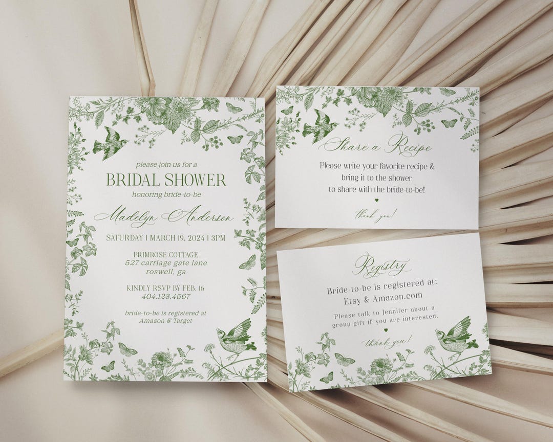 Green Toile De Jouy Bridal Shower Invitation Bundle Template, Olive ...