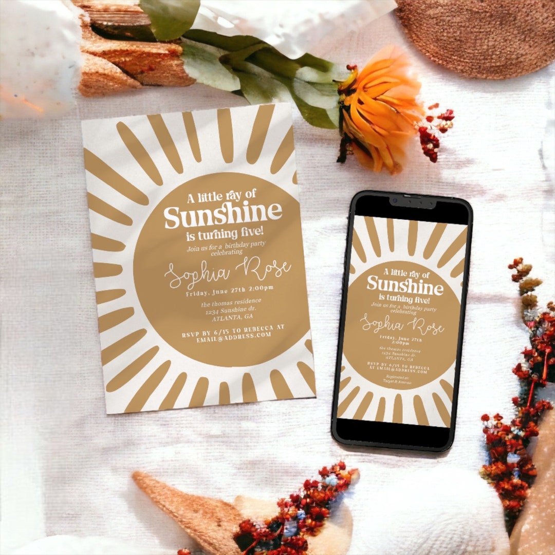 You Are My Sunshine Boho Birthday Party Invitation Set Template, A ...