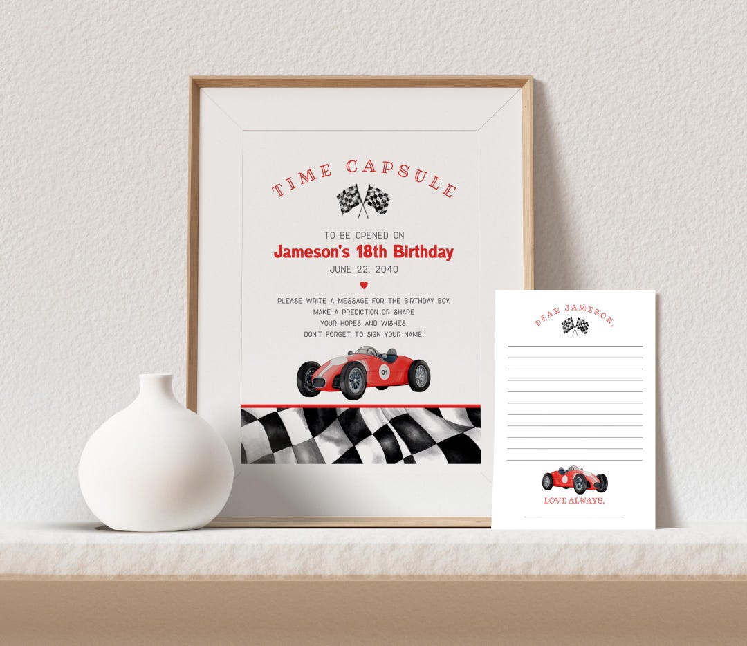 Red Race Car Time Capsule Printable Template, Race on Over Birthday Boy ...