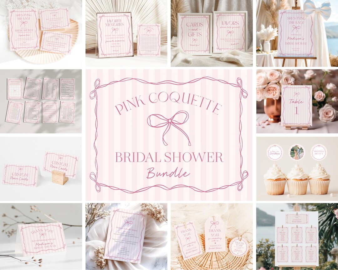 Pink Coquette Bow Bridal Shower Bundle Template, Pastel Pink ...
