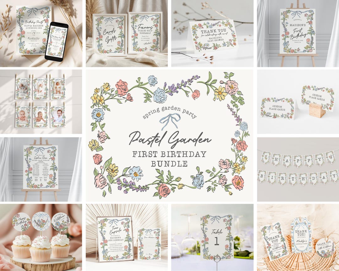 Spring Garden Party First Birthday Bundle Template, Pastel Floral 1st ...