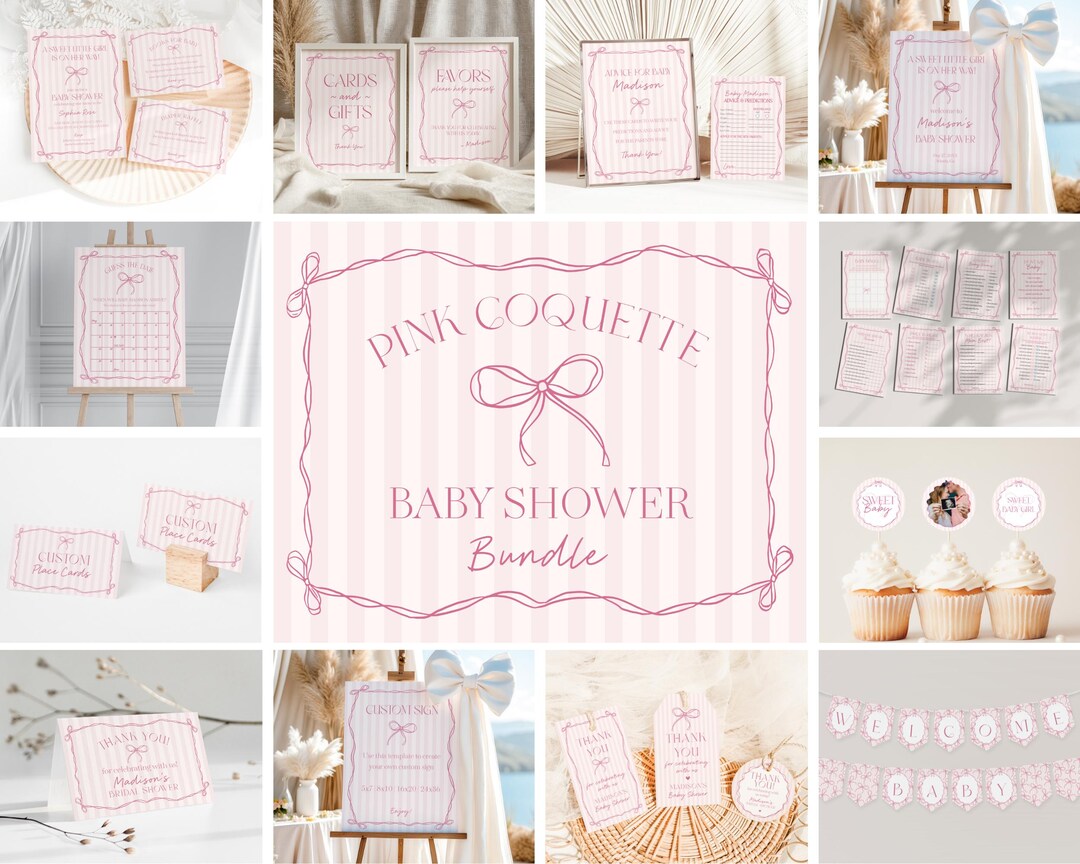 Pink Coquette Bow Baby Shower Bundle Template, Pastel Pink ...