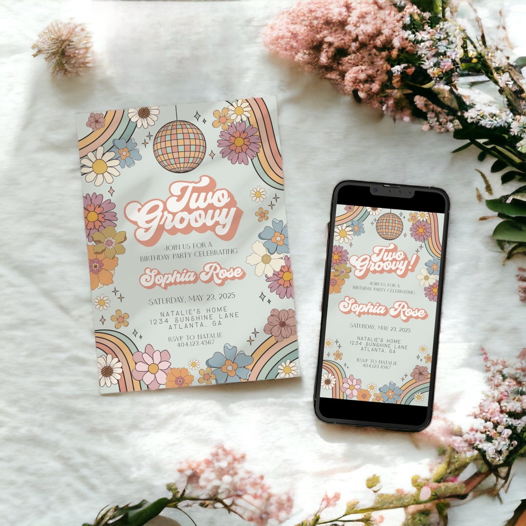 Two Groovy Floral 2nd Birthday Invitation Template Set, Groovy Babe ...