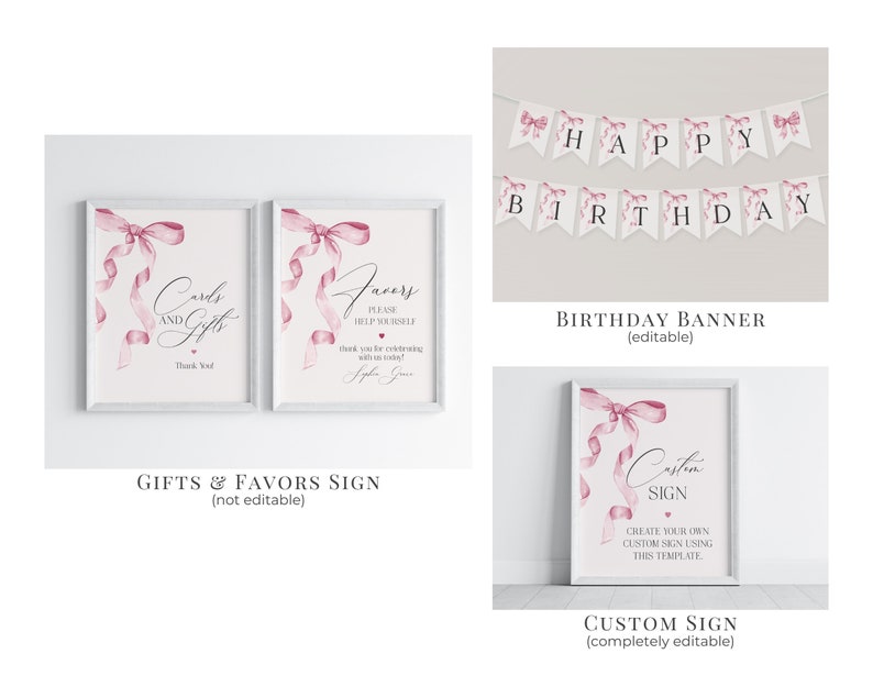 Pink Bow First Birthday Bundle Printable Template, Watercolor Preppy ...