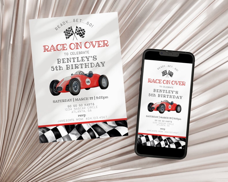 Red Race Car Birthday Party Invitation Printable Template, Race on Over ...