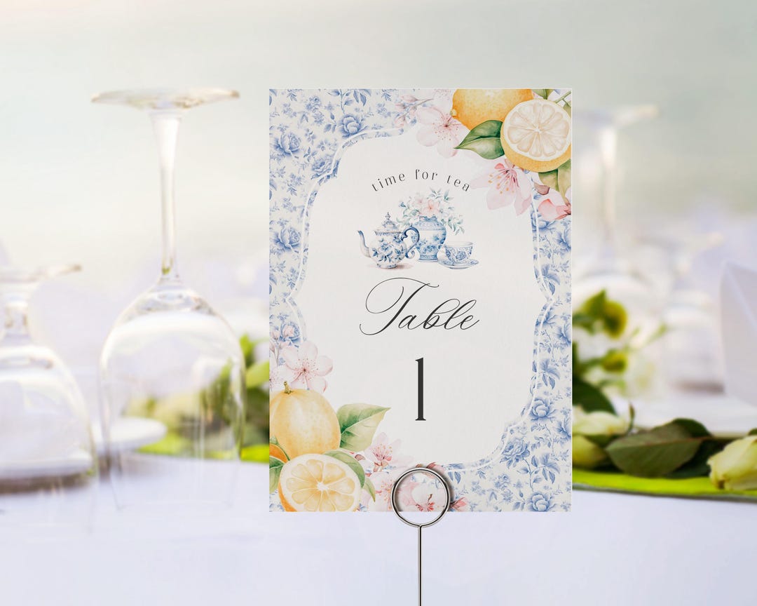 Blue Chinoiserie Tea Table Number Cards Printable Template, Lemon High ...