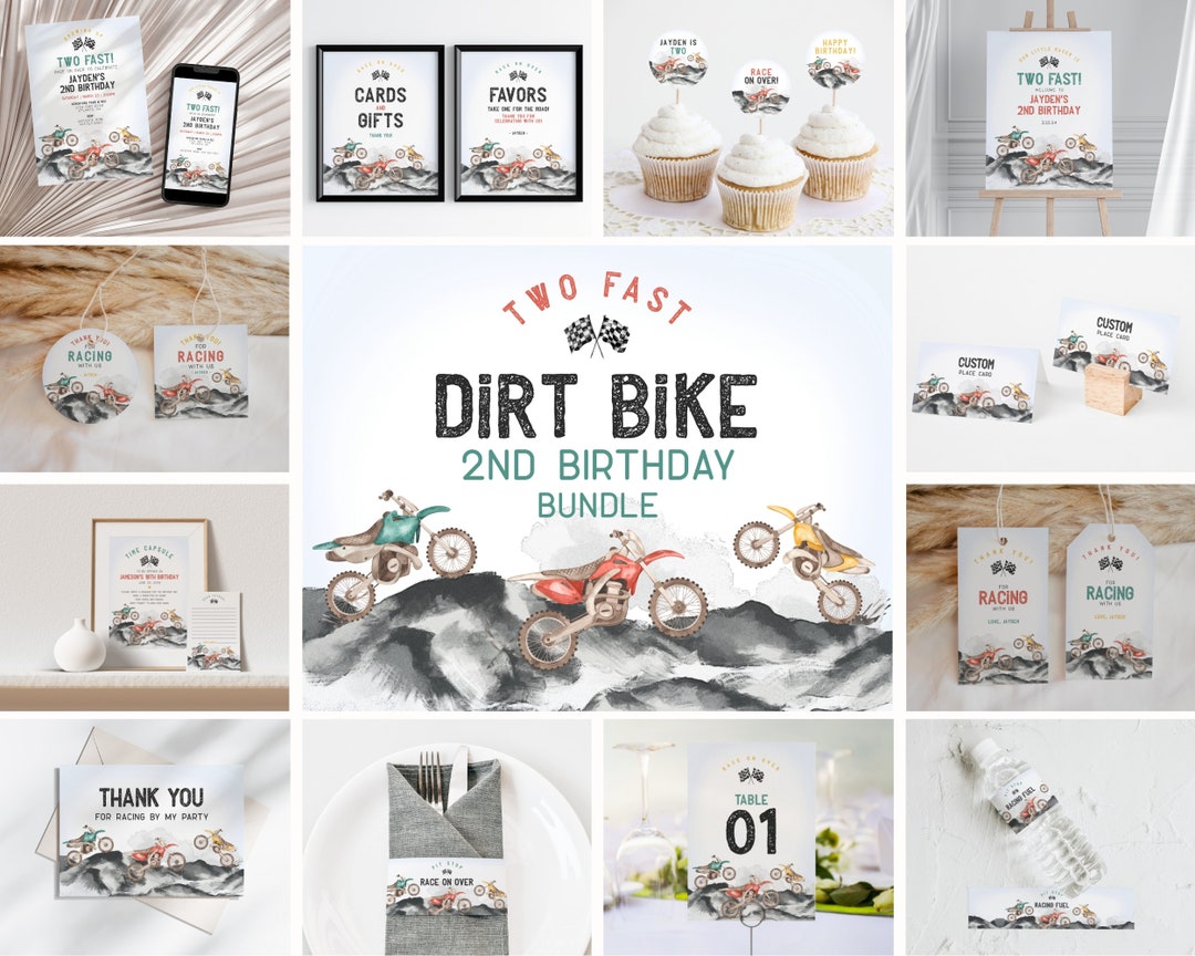 Dirt Bike Two Fast Second Birthday Bundle Printable Template, Little ...