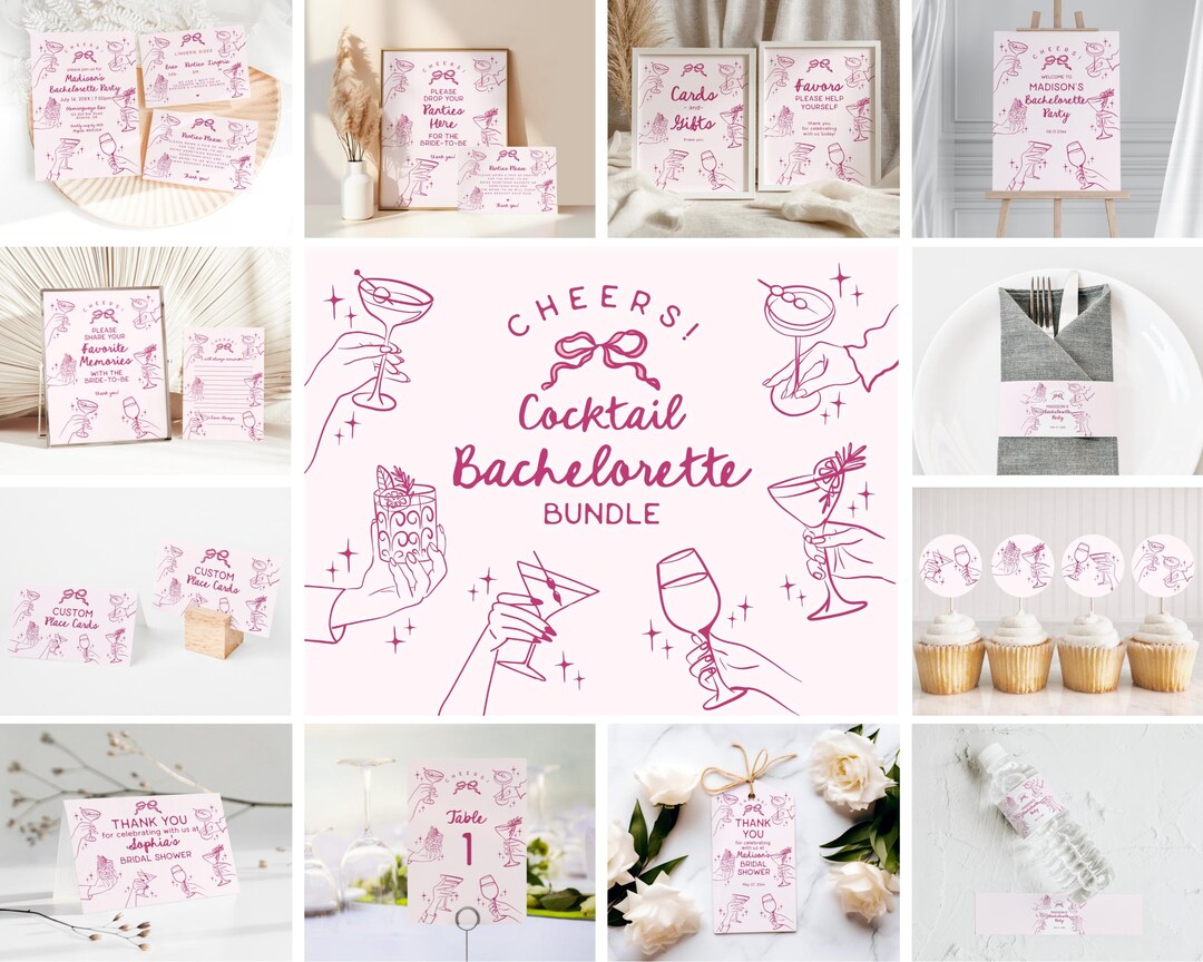 Cheers Pink Cocktail Party Bachelorette Bundle Template, Retro Cocktail ...