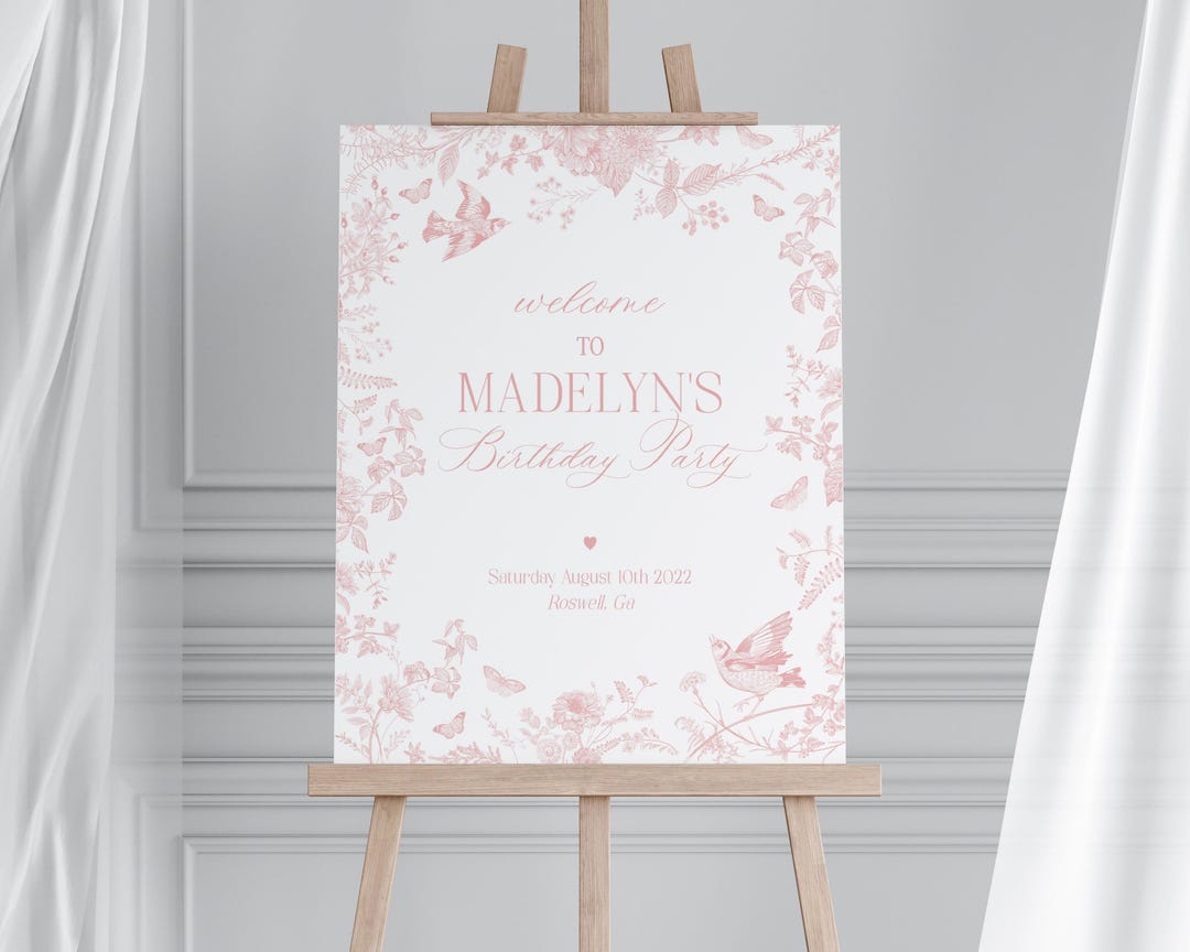 Pink Toile De Jouy Birthday Welcome Sign Printable Template, Pink ...