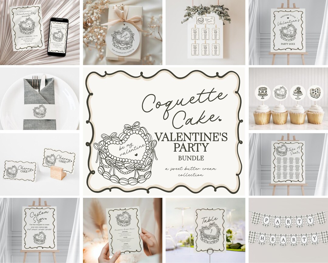 Beige Retro Coquette Heart Cake Valentines Party Bundle Template ...