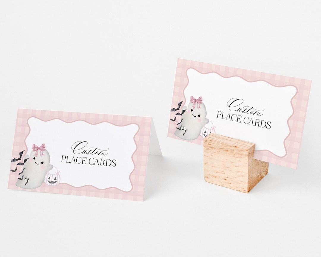 Pink Ghost Place Cards Baby Shower Printable Template, Preppy Gingham ...