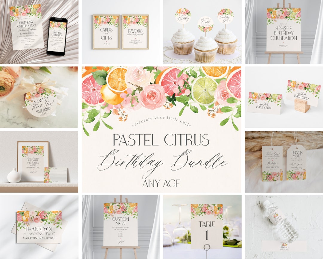 Pastel Citrus Birthday Bundle Printable Template, Summer Florida Theme ...