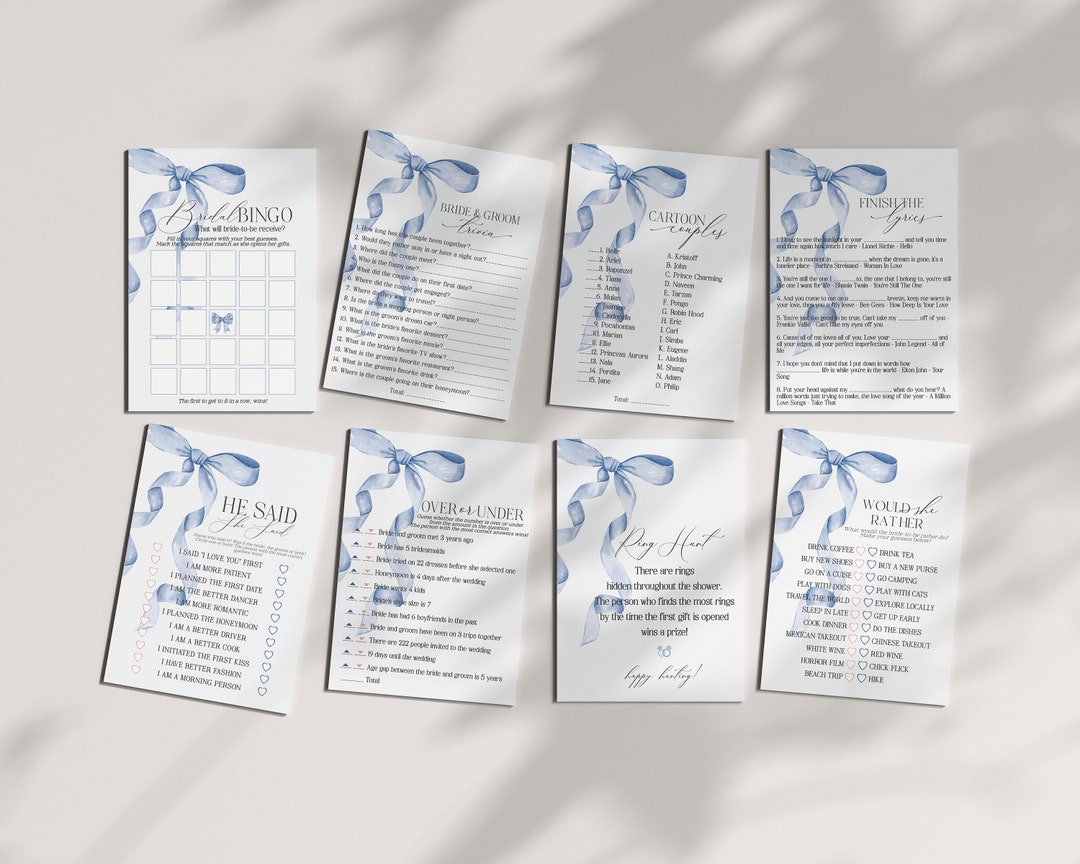 Blue Bow Bridal Shower Games Set Printable Template, Something Blue ...