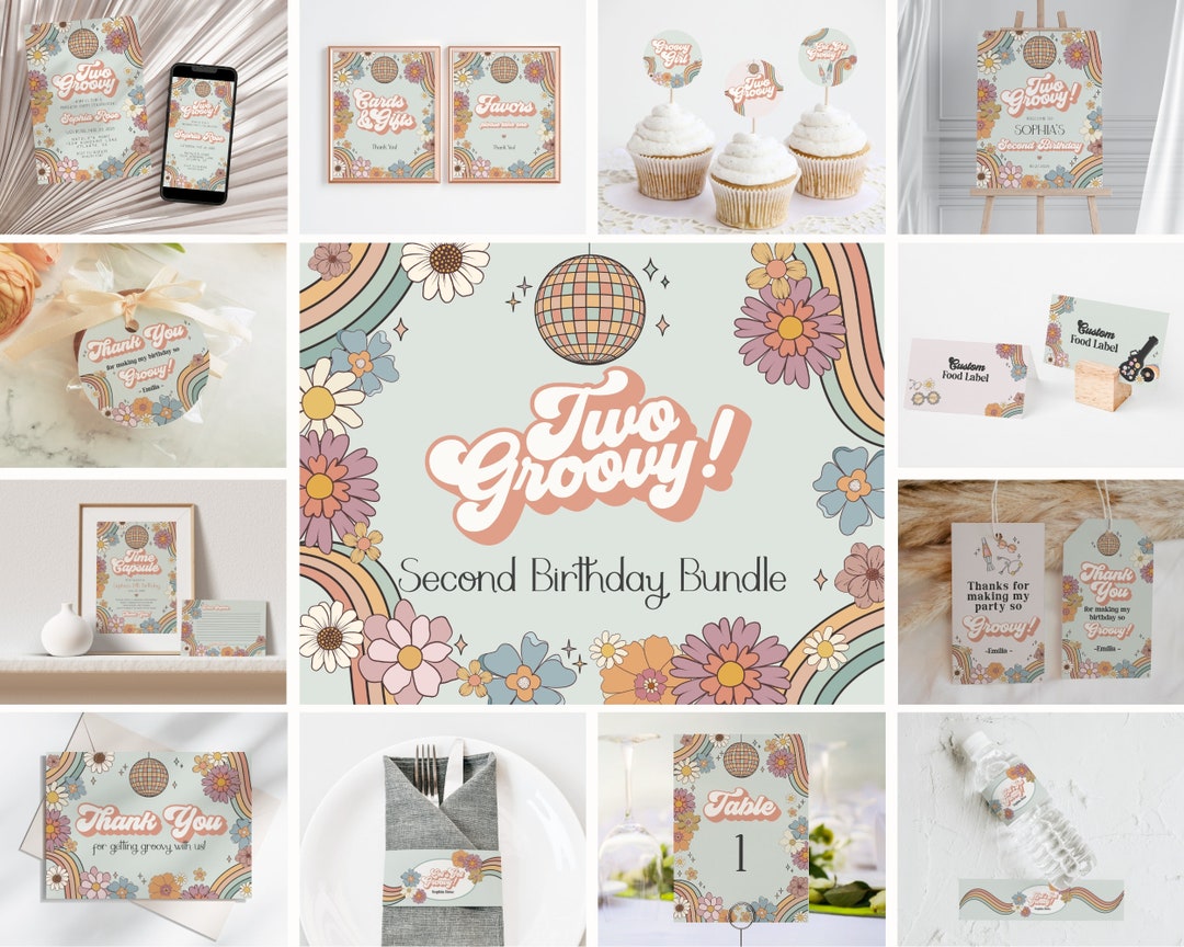 Two Groovy Floral Second Birthday Party Bundle Template, Boho Hippie ...