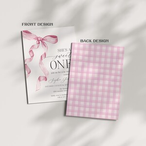 Pink Bow 1st Birthday Invitation Printable Template, Watercolor Preppy ...