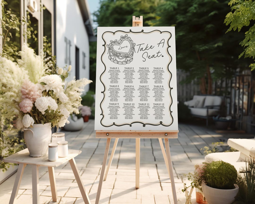 Beige Retro Heart Cake Seating Chart Printable Template, Black Bow ...