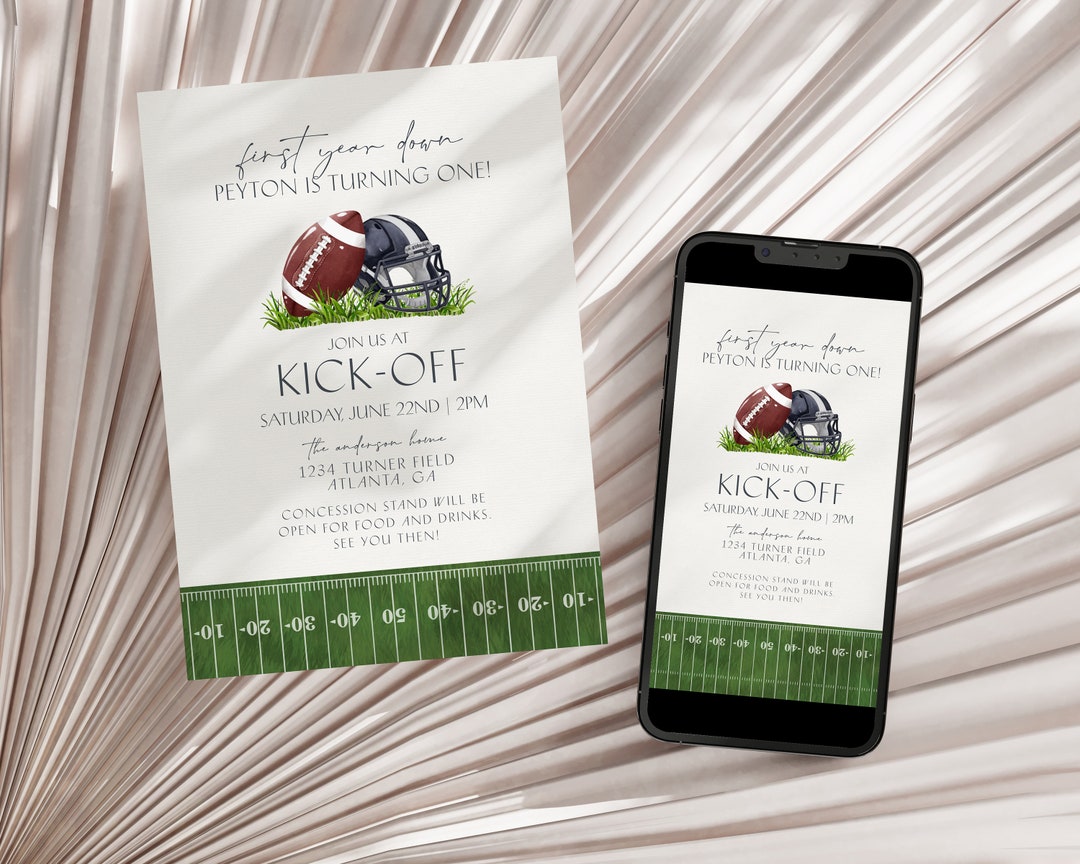 Football First Year Down Birthday Invitation Printable Template, Little ...