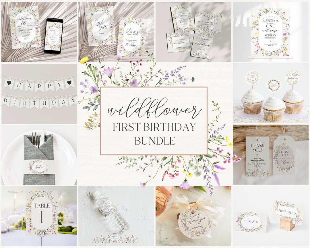 Delicate Wildflower Birthday Bundle Printable, Boho Floral First ...