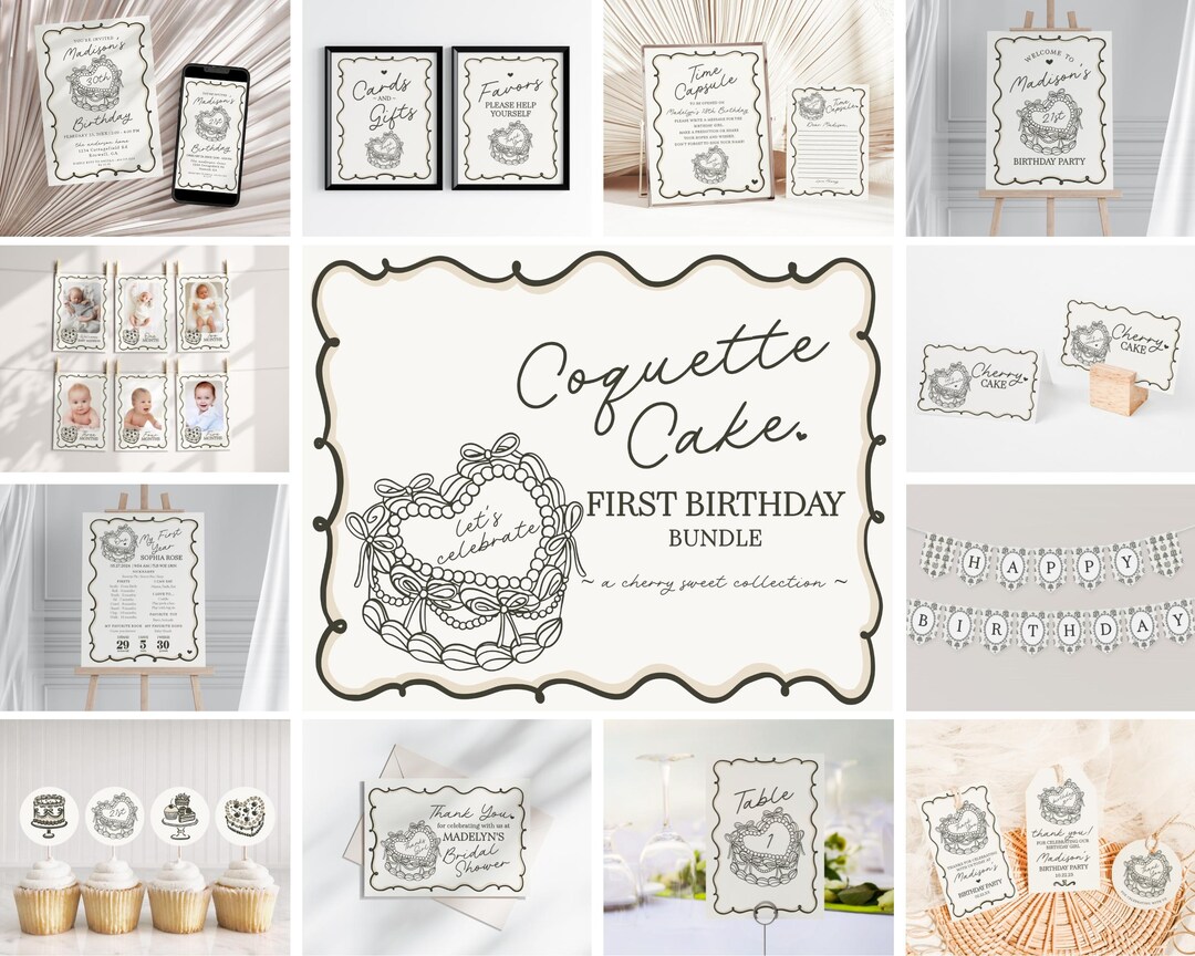 Beige Retro Heart Coquette Cake First Birthday Bundle Printable ...