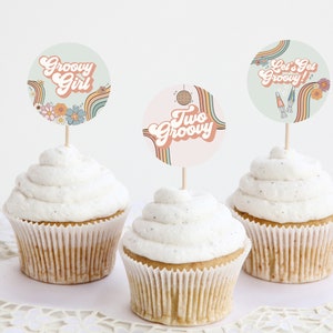 Two Groovy Floral 2nd Birthday Cupcake Toppers Printable Template, Boho ...