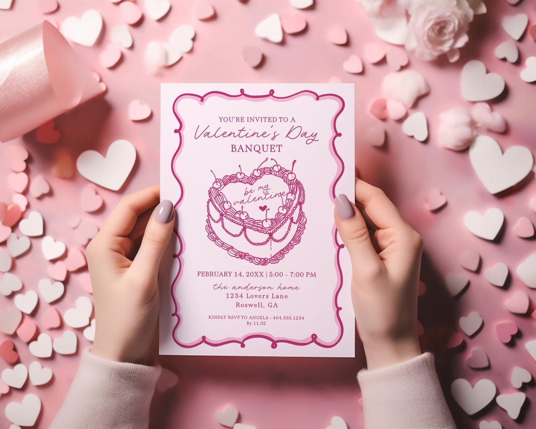 Pink Retro Coquette Heart Cake Valentines Party Invitation Template ...