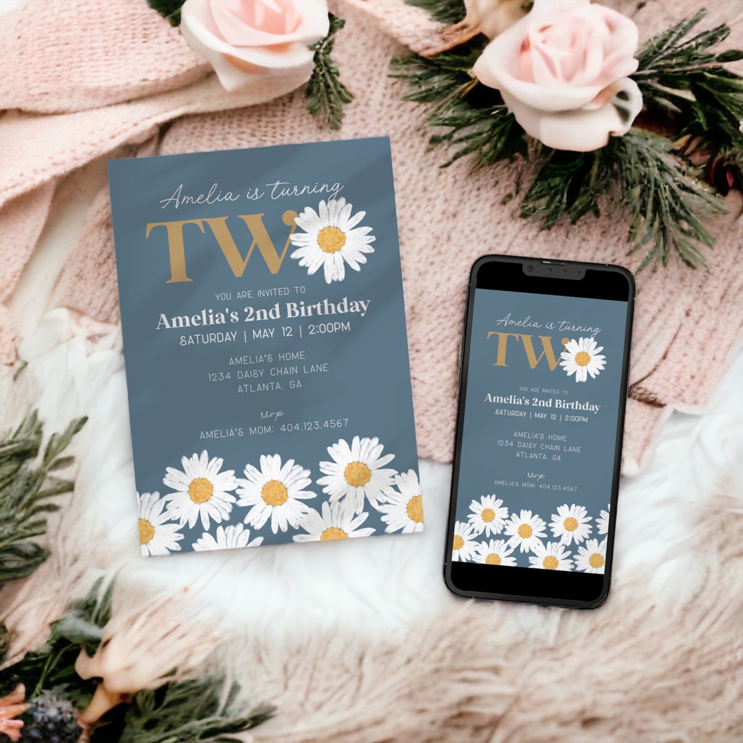 Navy Blue Daisy 2nd Birthday Invitation Template, Instant Download Our ...