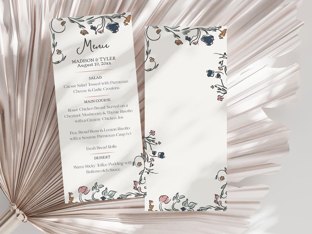 French Floral Printable Wedding Menu Template, Hand Drawn Bridal Brunch ...