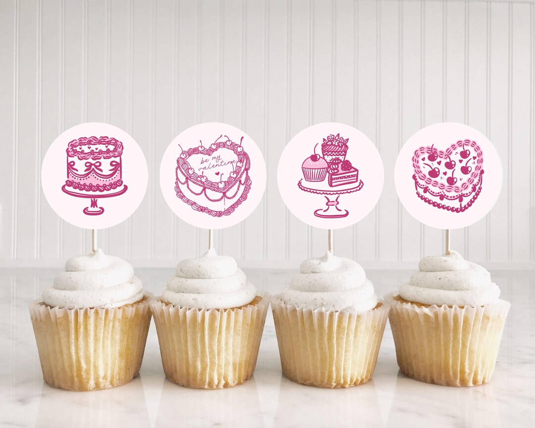 Pink Coquette Heart Cake Valentine Party Cupcake Toppers Printable ...