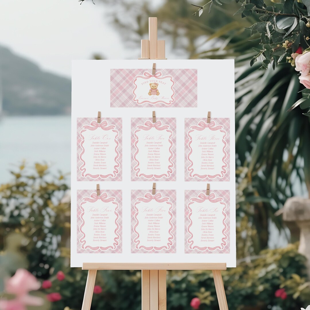 Pink Tartan Plaid Bear Seating Chart Cards Template, We Can Bearly Wait ...