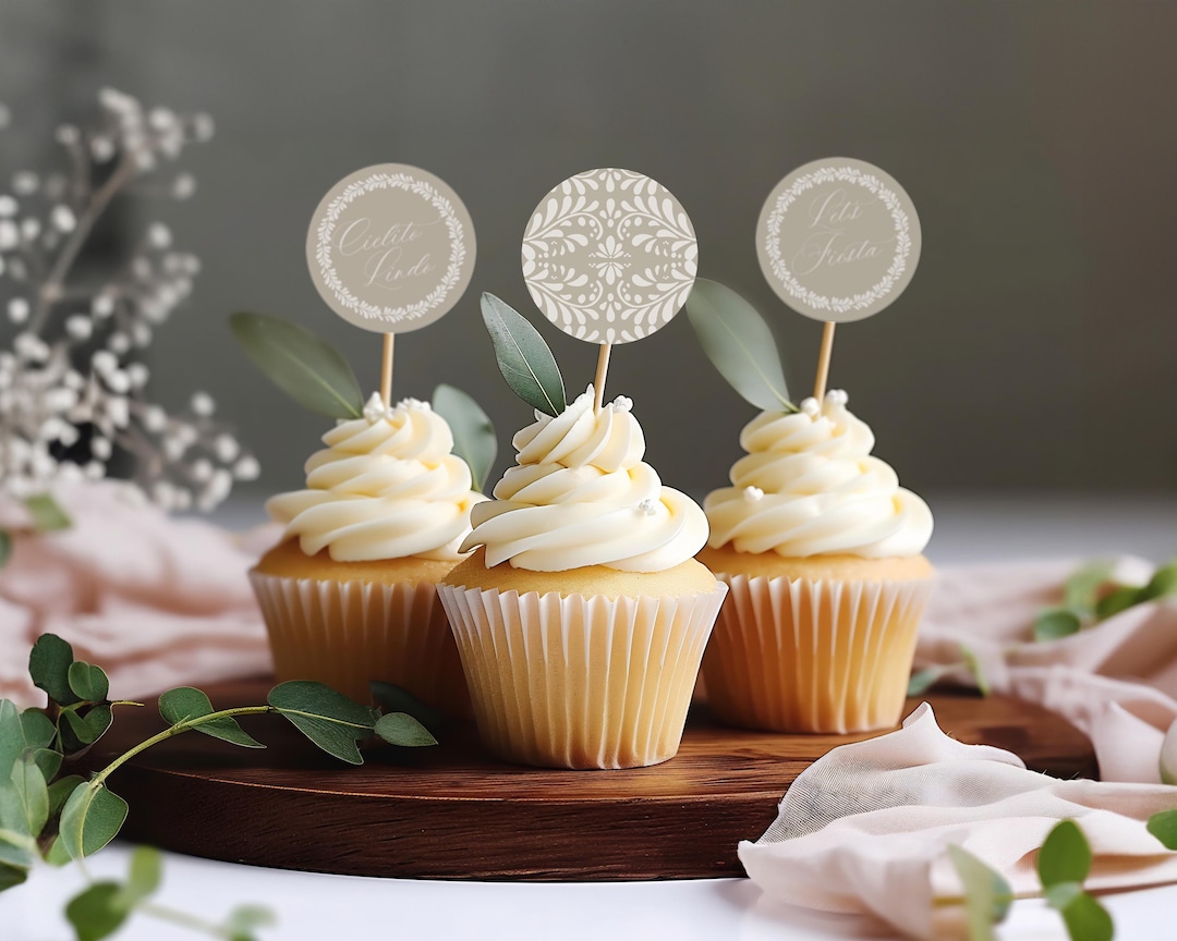 Beige Talavera Cupcake Toppers Template, Spanish Tile Birthday Cupcake ...