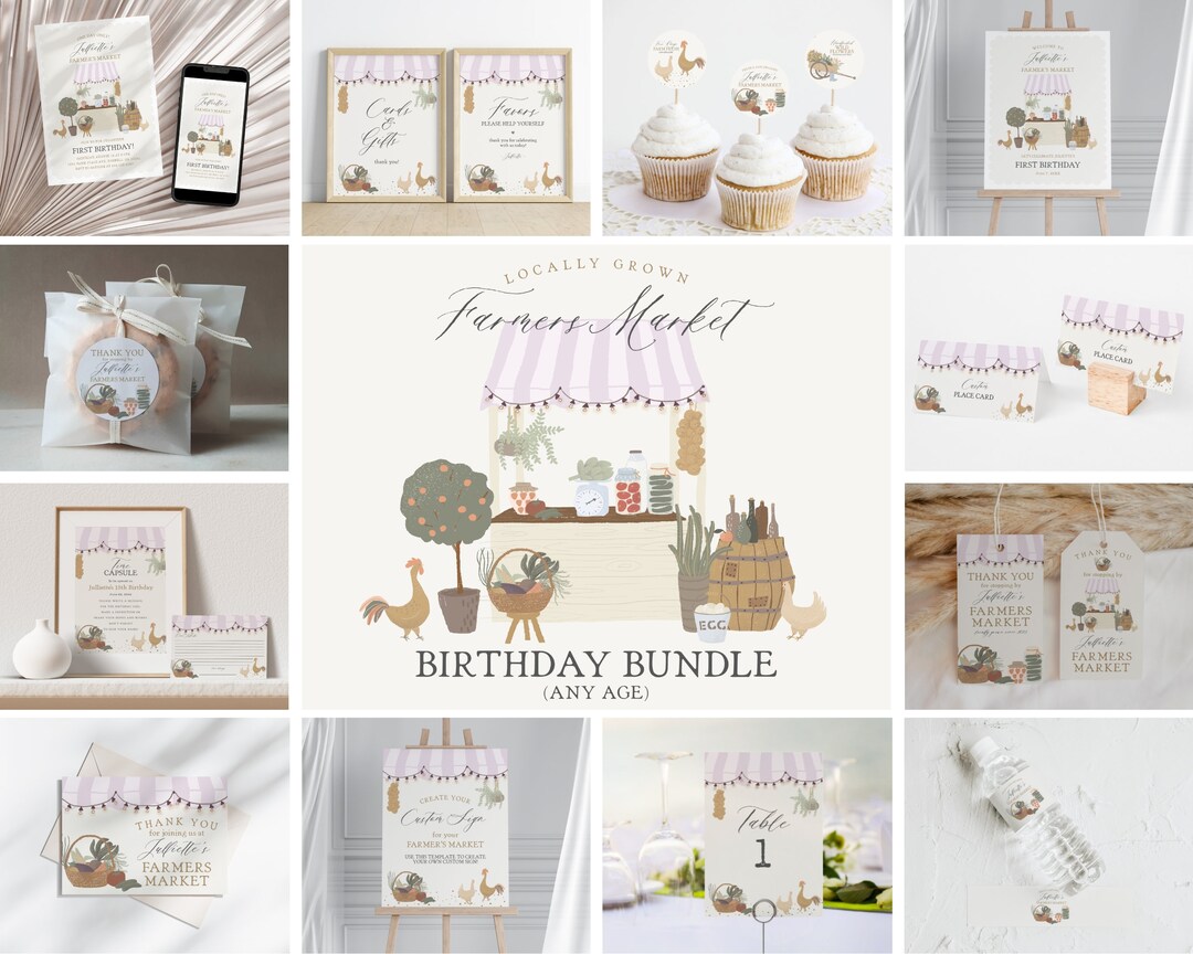 Pink Farmers Market Birthday Bundle Printable Template, Farm Fresh ...