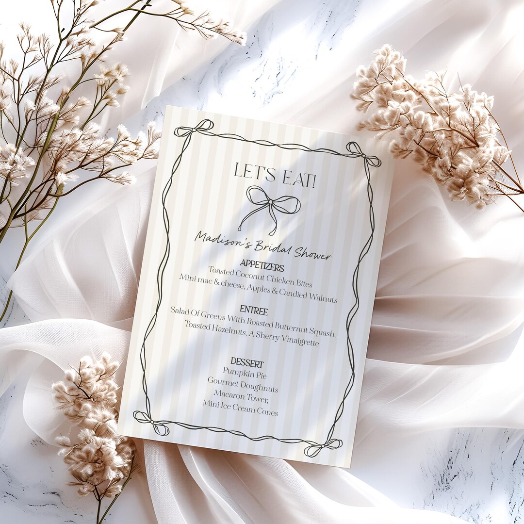 Black Coquette Bow Menu Template, Beige Striped Doodle Bow Baby Shower ...