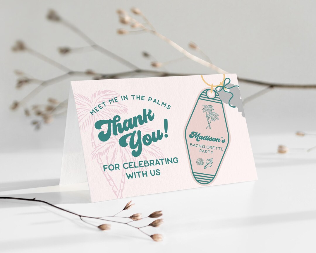 Pink Retro Resort Key Thank You Card Template, Vintage Motel Keychain ...