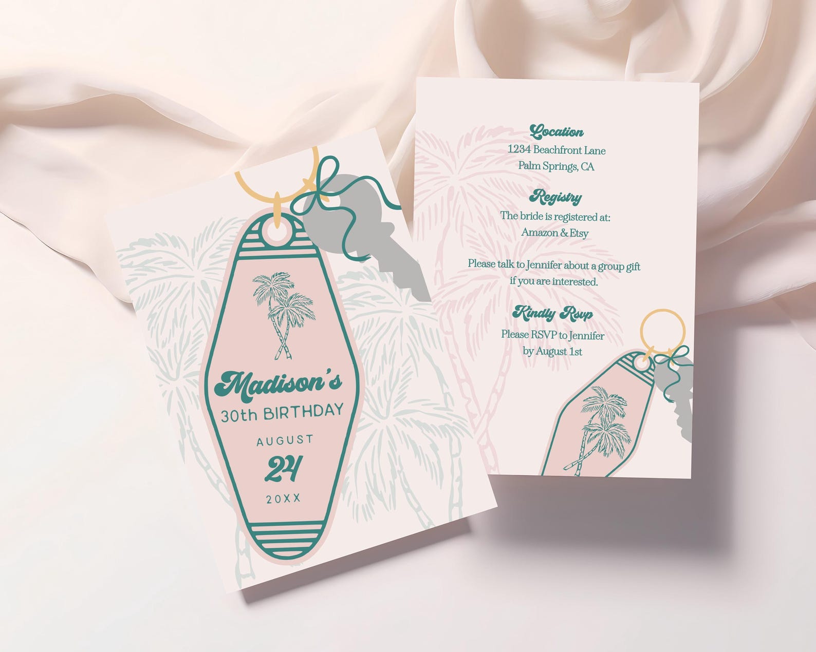 Pink Retro Resort Key Birthday Invitation Template, Vintage Motel ...
