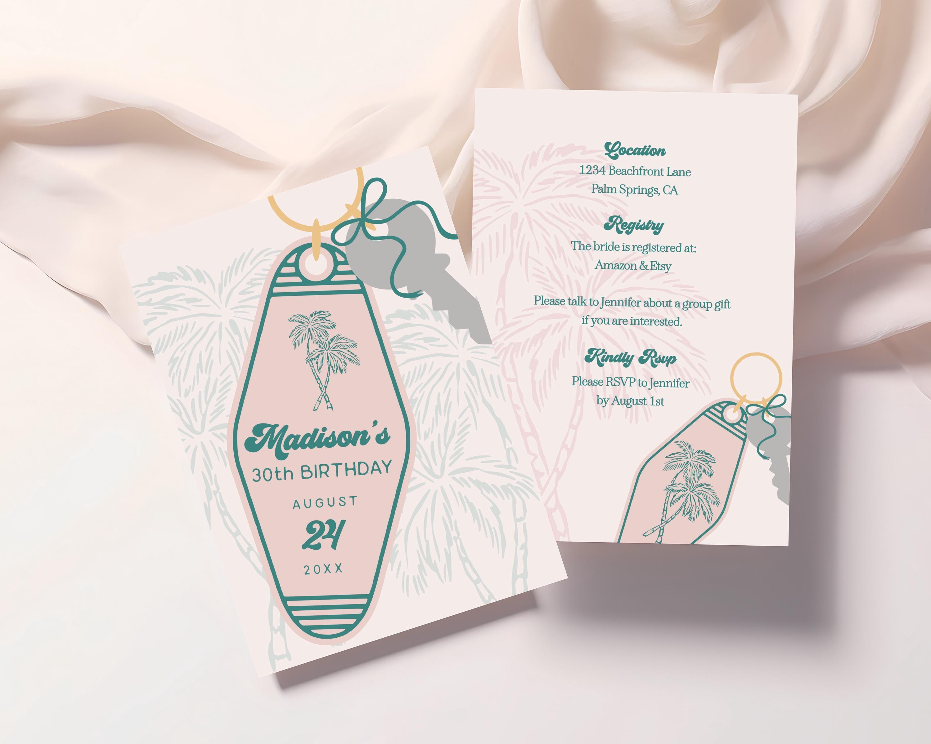 Pink Retro Resort Key Birthday Invitation Template, Vintage Motel ...