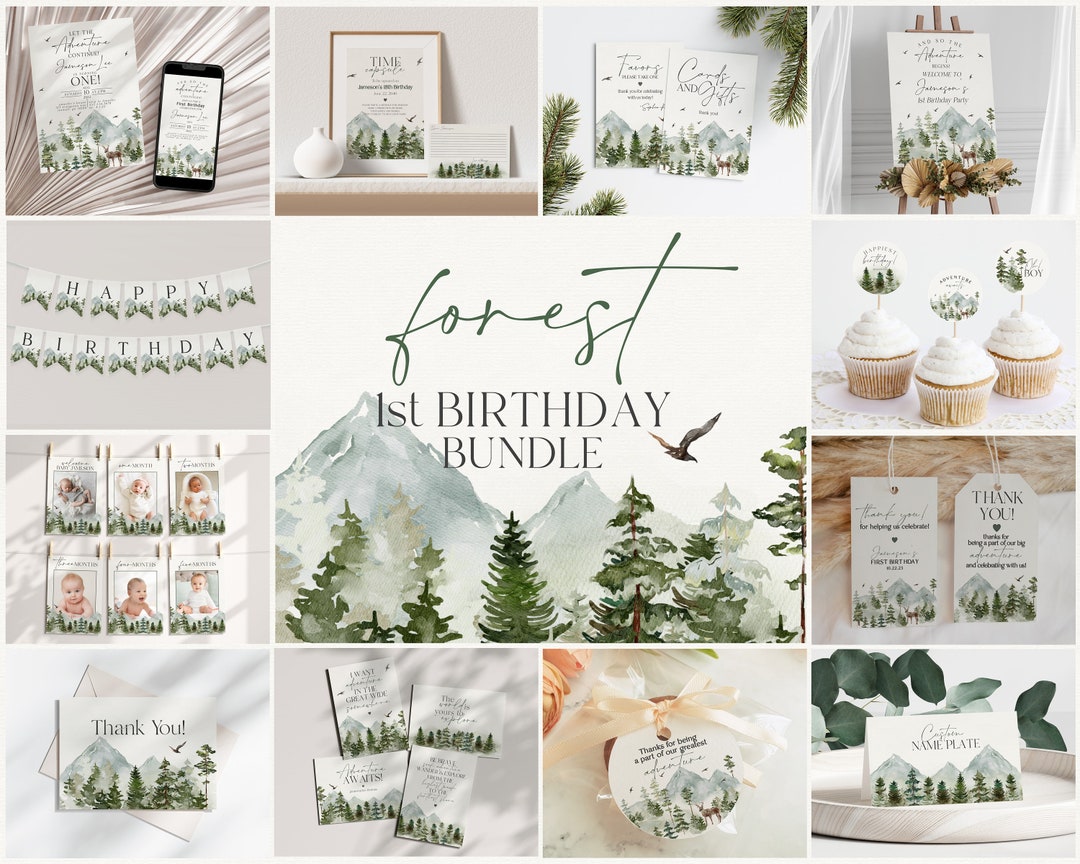 Forest Woodland First Birthday Bundle Printable, Boy Birthday ...