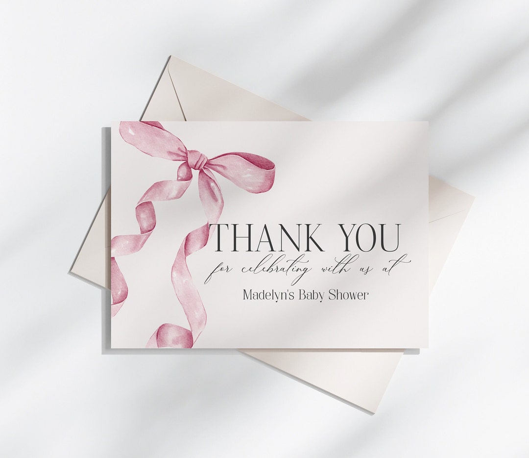 Pink Bow Thank You Card Printable Template, Watercolor Preppy Coquette ...
