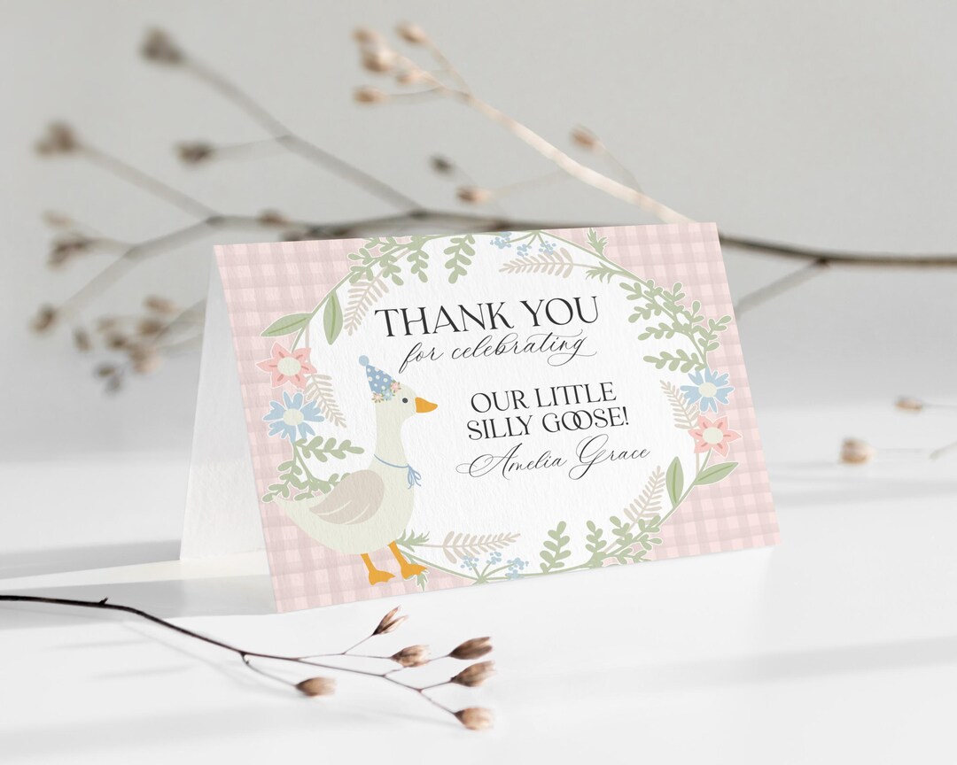 Silly Goose Baby Shower Thank You Card Template, Pastel Gingham Goose ...