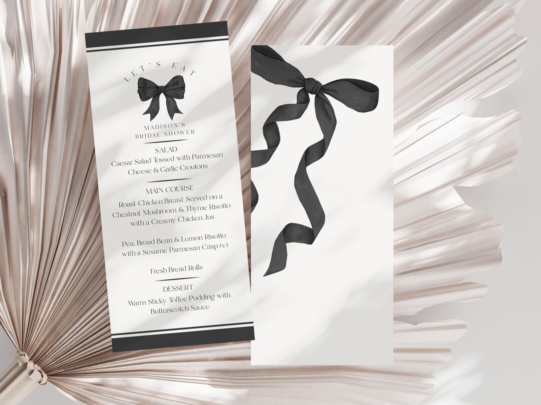 Black Bow Printable Wedding Menu Template, Preppy Coquette Bow Theme ...