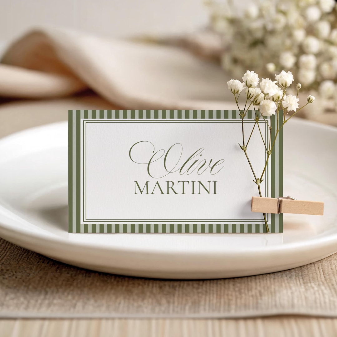 Martini Striped Place Cards Template, Old Money Bridal Shower, Olive ...