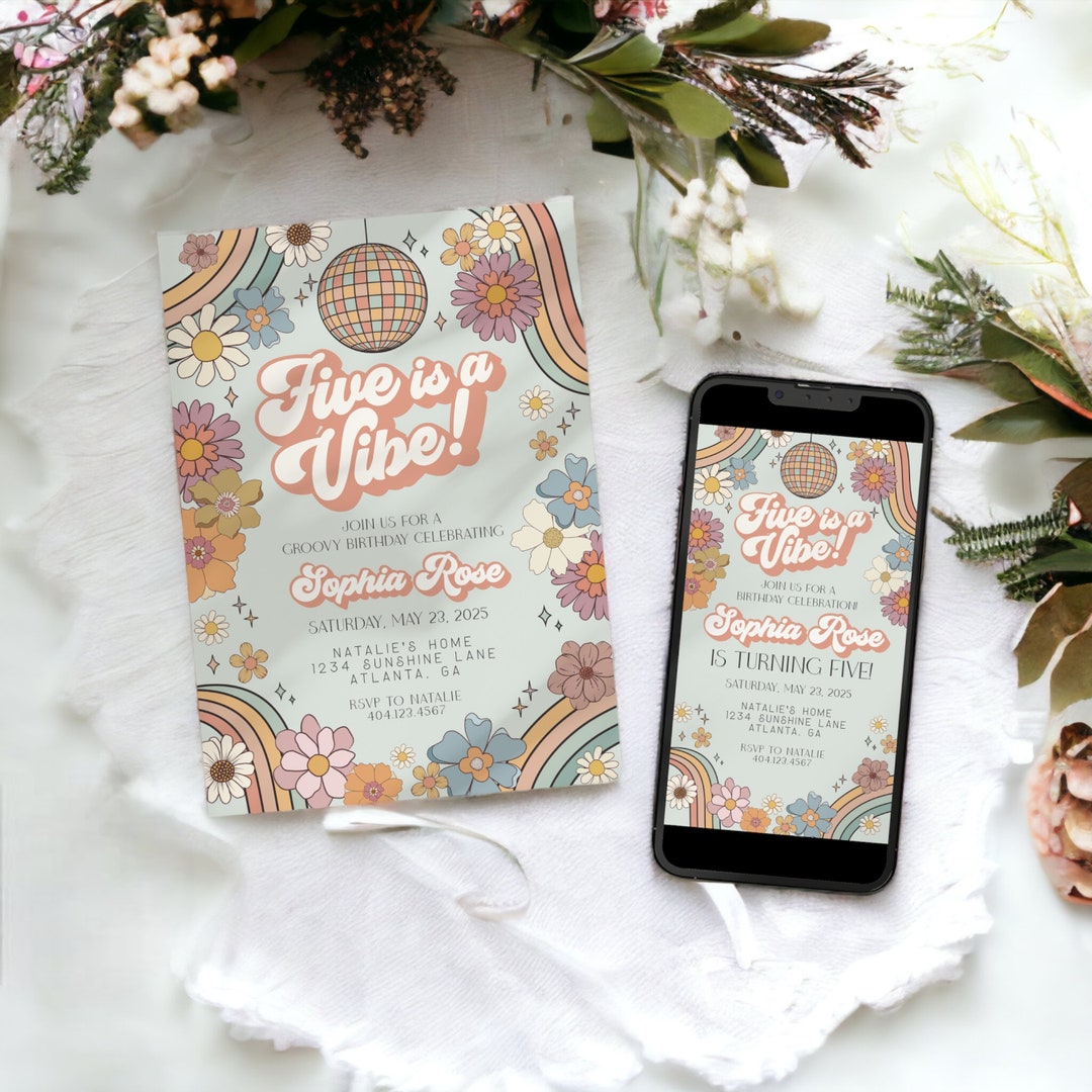 Five is a Vibe Floral 5th Birthday Invitation Template Set, Groovy Babe ...