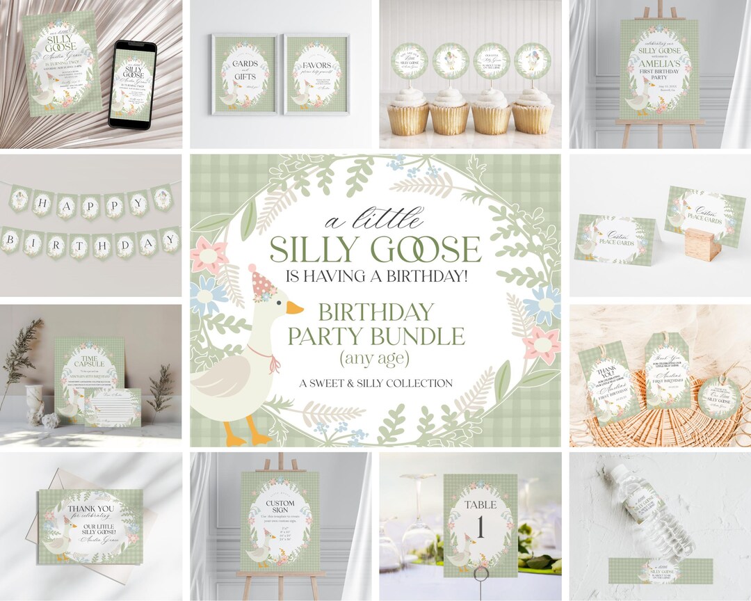 Green Floral Silly Goose Birthday Bundle Printable Template, Little ...