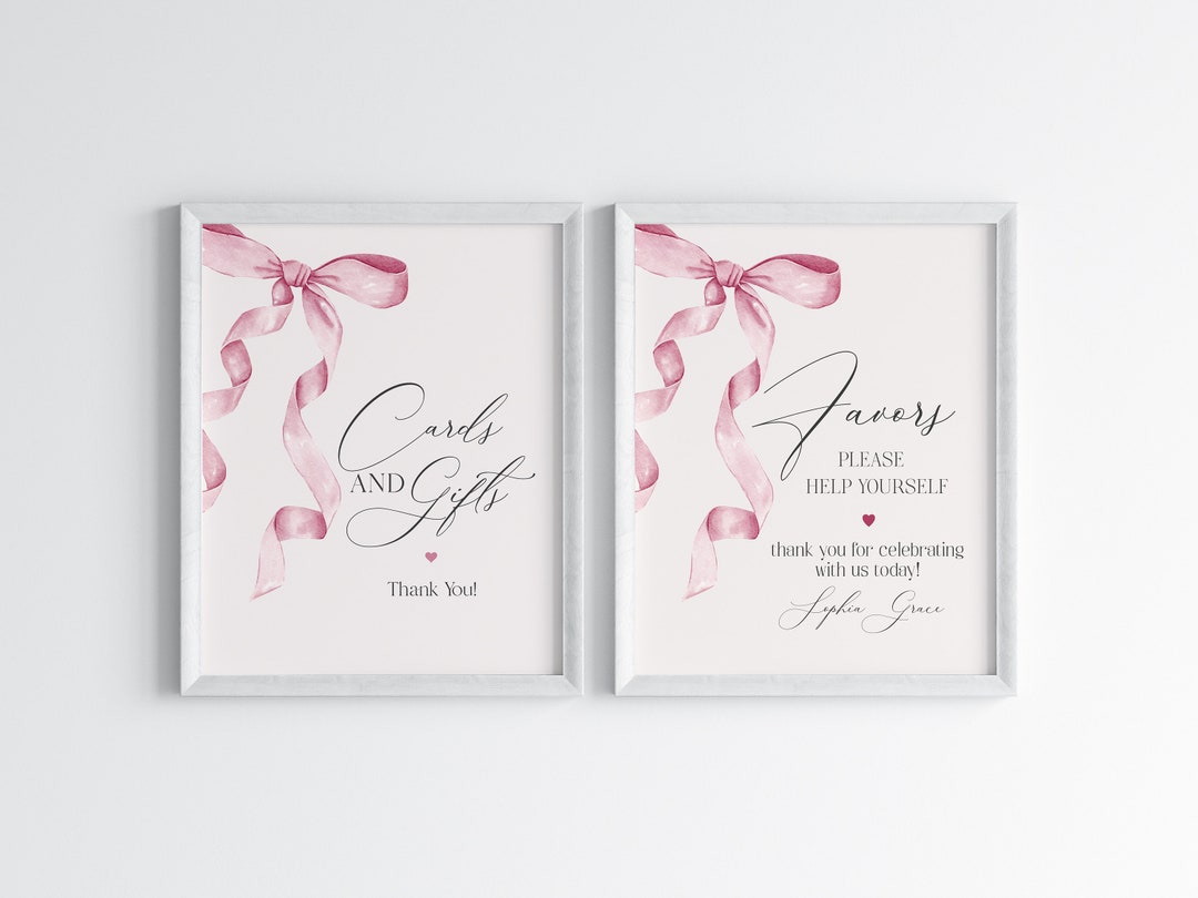 Pink Bow Cards & Gifts and Favors Sign Printable Template, Watercolor ...
